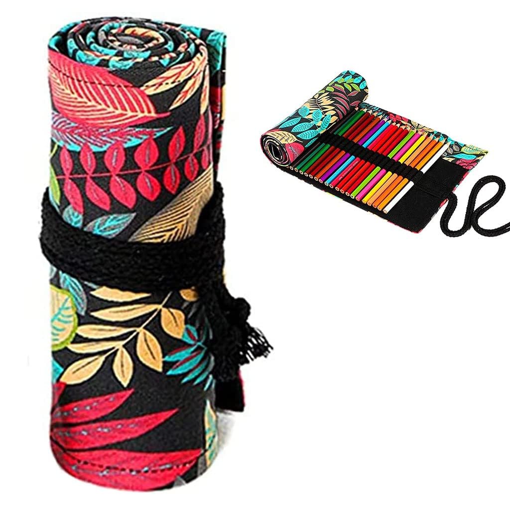 HASTHIP® Fallen Leaves 72 Slot Roll Up Canvas Pencil Case, Portable Co ...
