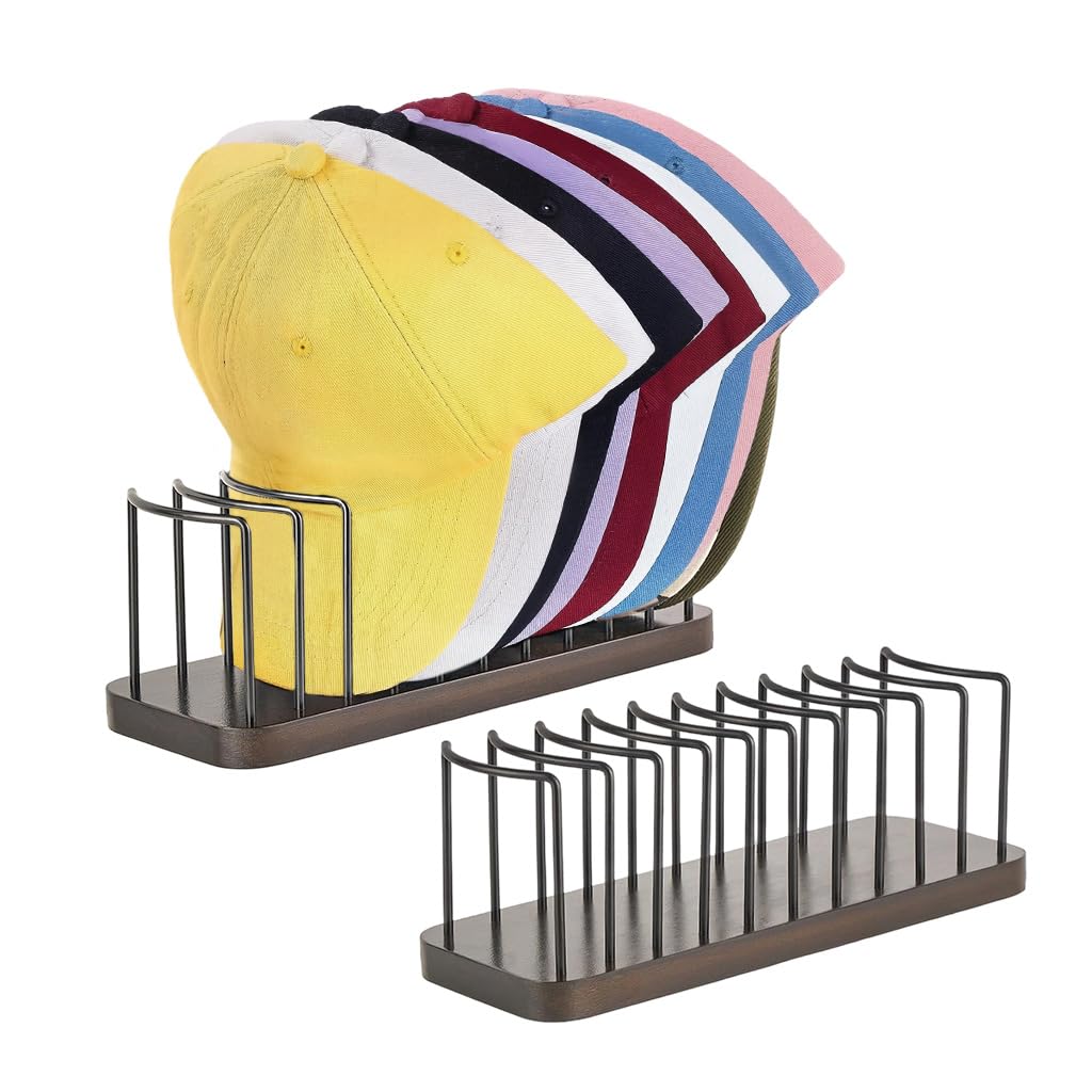 HASTHIP Hat Organizer for Desk and Shelf Display with 10 Slots and Woo ...